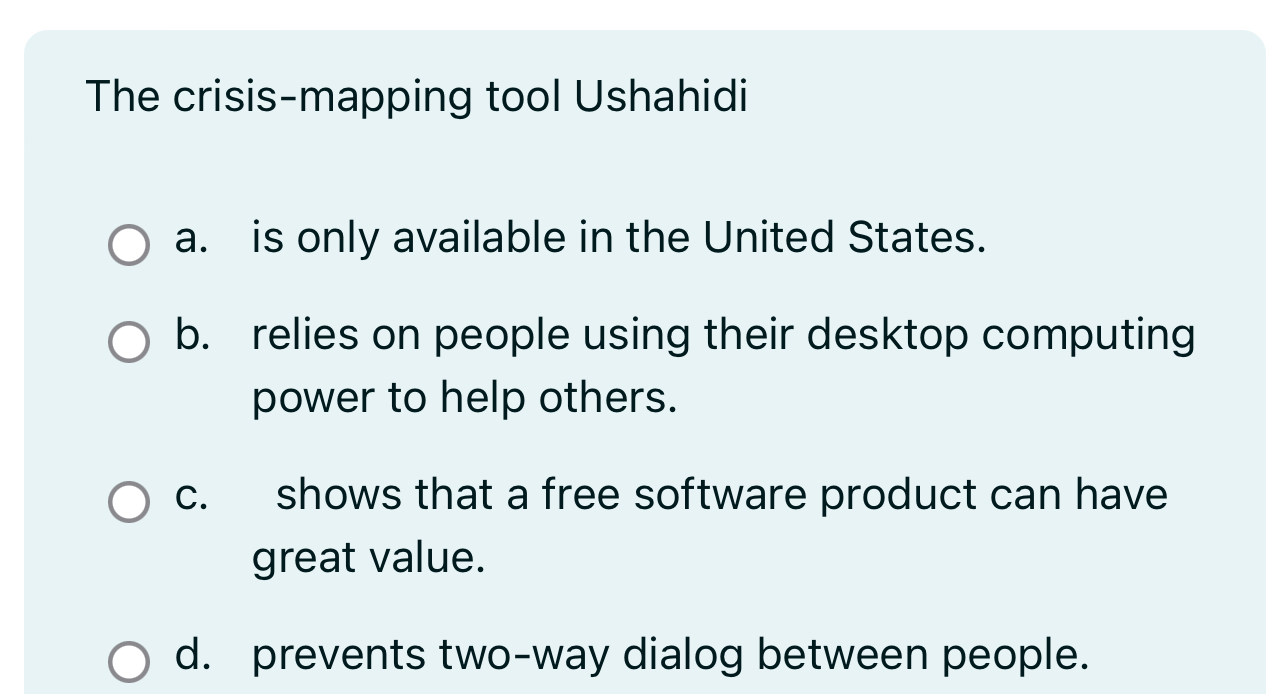 Solved The crisis-mapping tool Ushahidia. ﻿is only available | Chegg.com