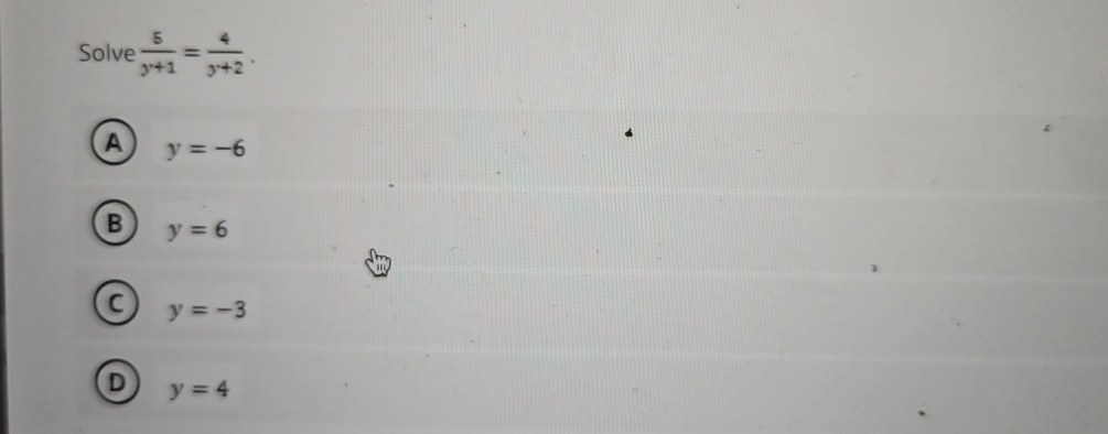 Solved Solve 5y+1=4y+2.y=-6y=6y=-3y=4 | Chegg.com