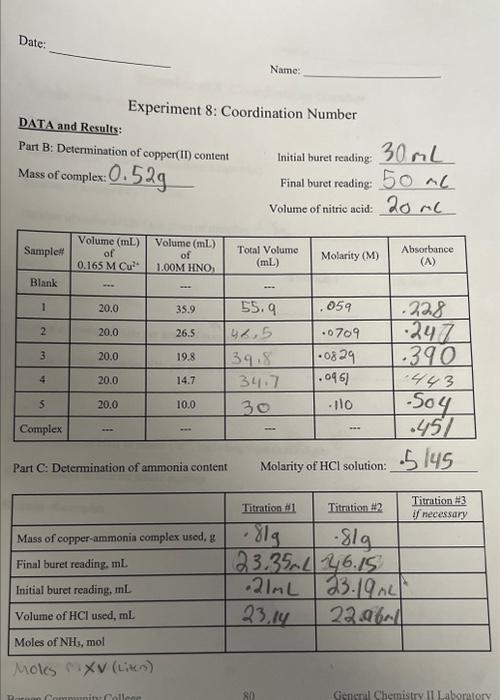 Experiment 8: Coordination Number Par B. Decteniation | Chegg.com
