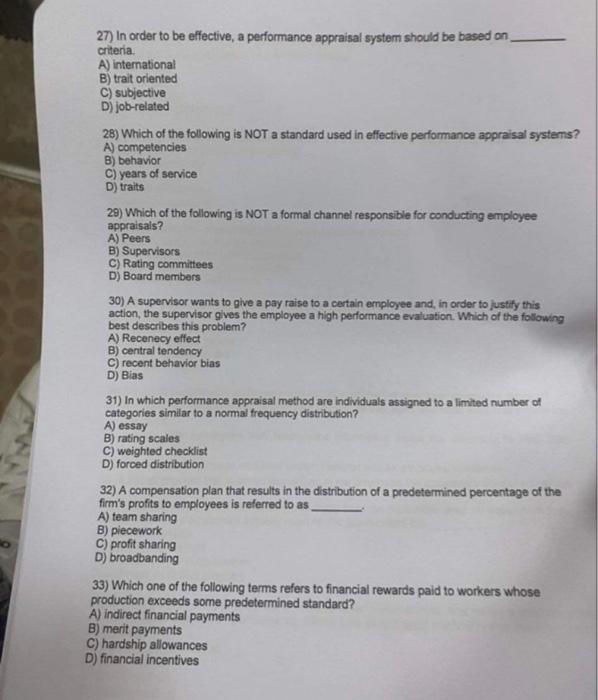 Solved 27) In order to be effective, a performance appraisal | Chegg.com