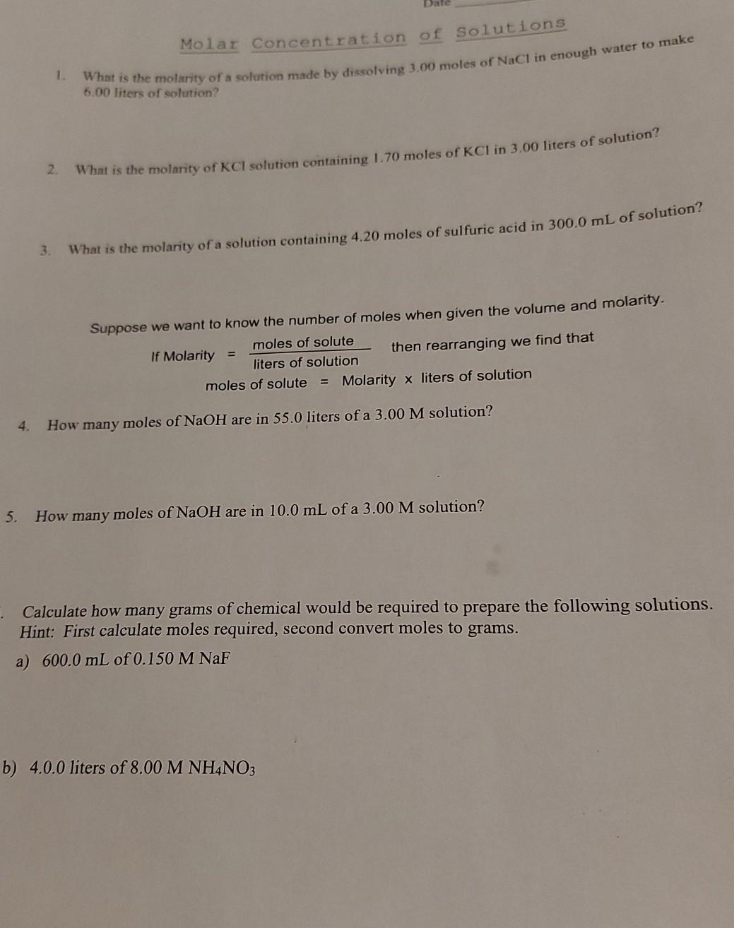 Solved Molar Concentration of Solutions 1 What is the | Chegg.com