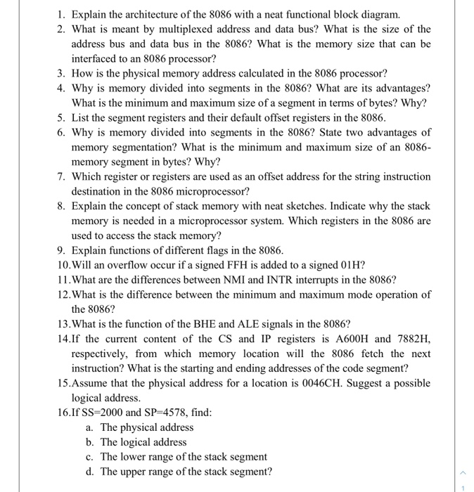 Solved 1. Explain the architecture of the 8086 with a neat | Chegg.com