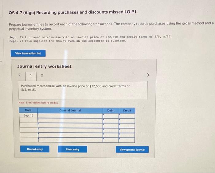 Solved QS 4-7 (Algo) Recording purchases and discounts | Chegg.com
