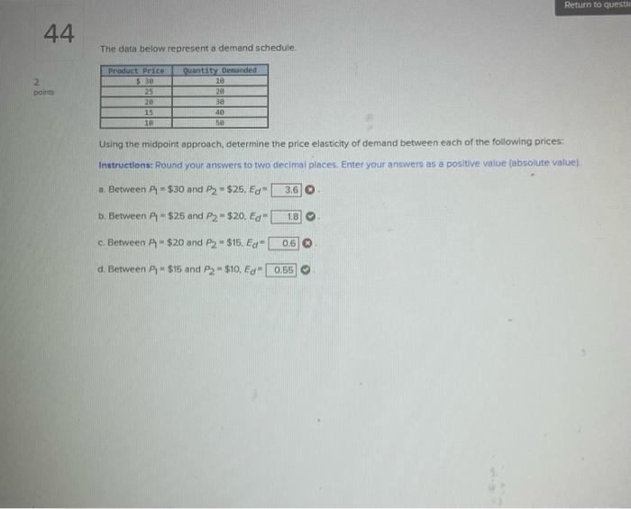 Solved The data below represent o demand schedule. Using the | Chegg.com