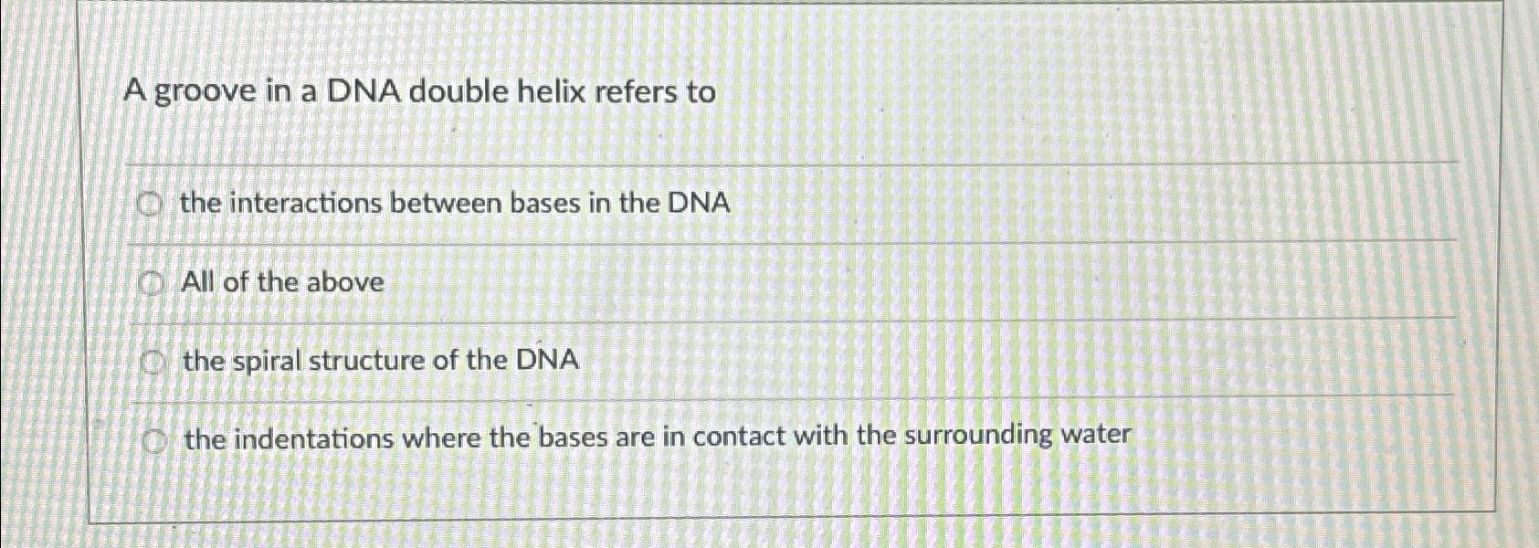 Solved A groove in a DNA double helix refers tothe | Chegg.com