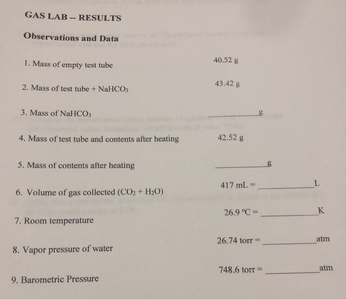 Solved GAS LAB -- RESULTS Observations and Data 1. Mass of | Chegg.com
