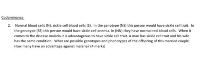 Solved Codominance 2. Normal blood cells (N), sickle cell | Chegg.com
