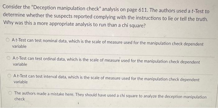Solved Consider the "Deception manipulation check" analysis | Chegg.com
