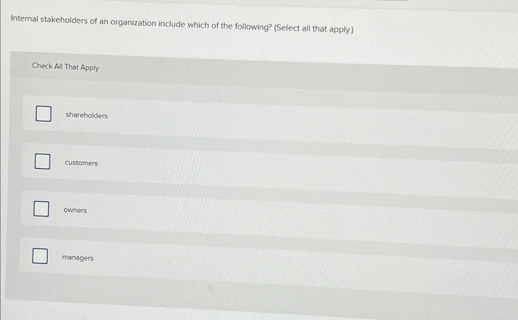 Internal stakeholders of an organization include | Chegg.com