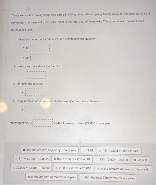 Solved Tiffany works at a jewelry store. She eams $1700 each | Chegg.com