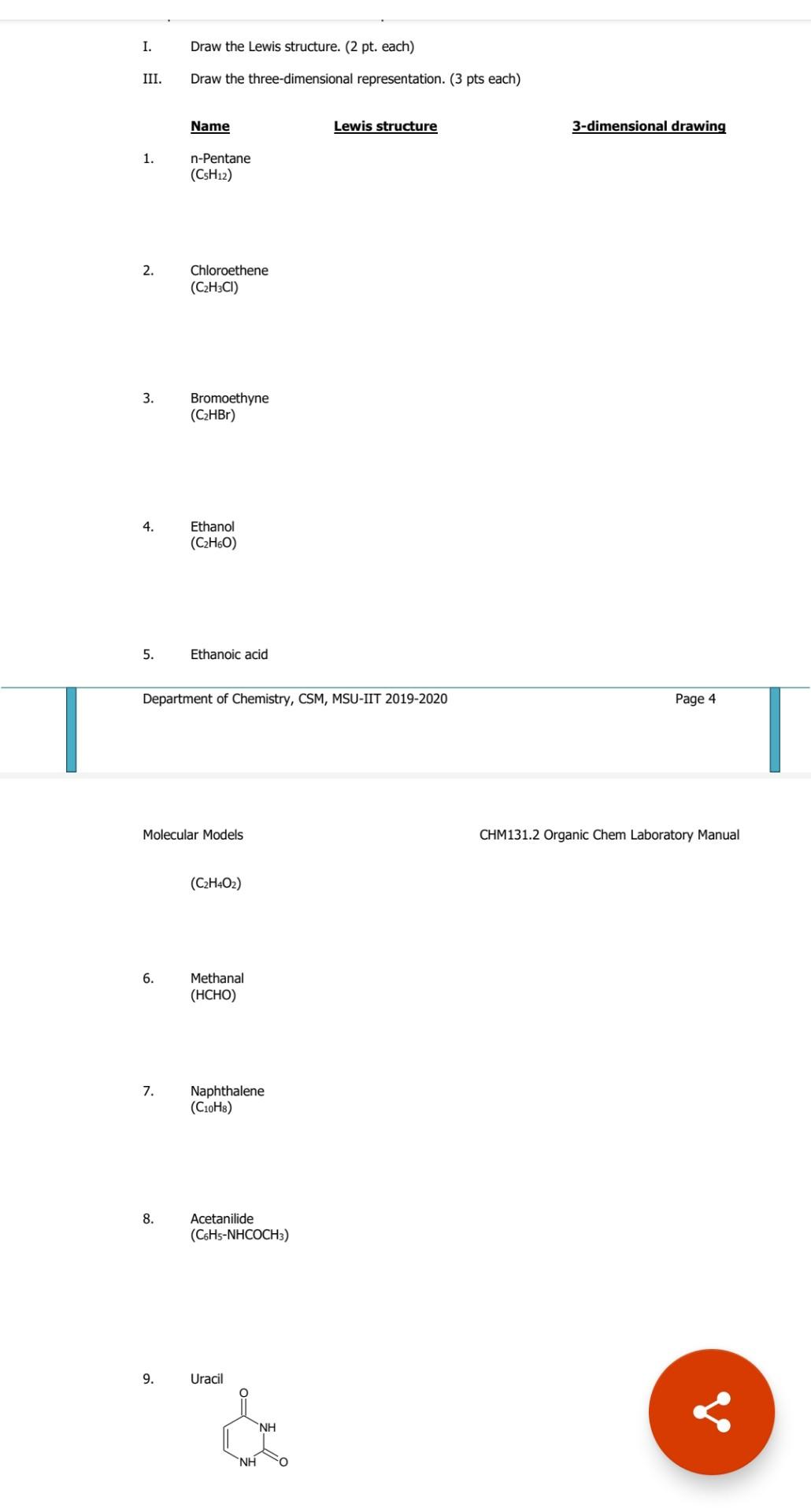 Solved I. Draw the Lewis structure. (2 pt. each) III. Draw | Chegg.com
