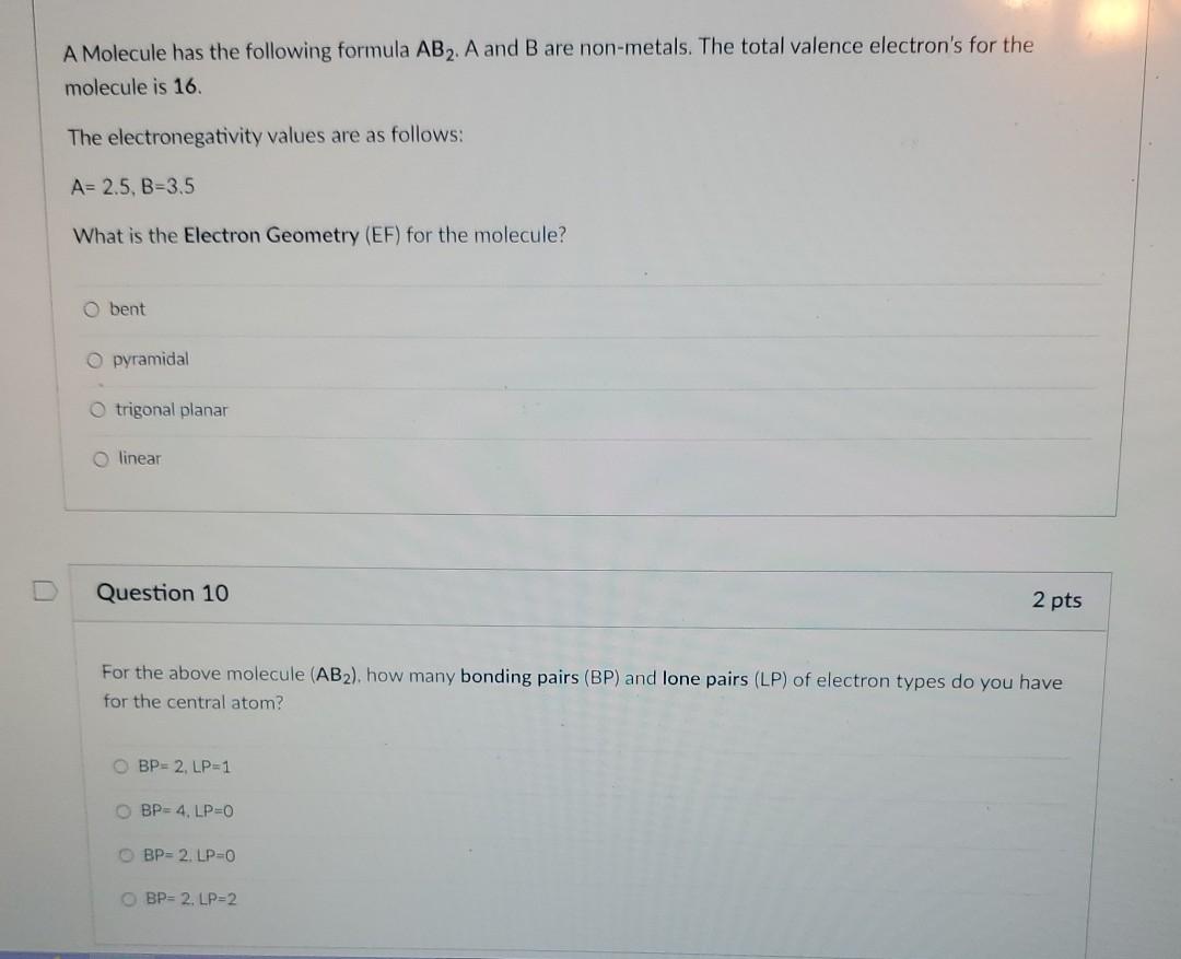 Solved A Molecule has the following formula AB2. A and B are | Chegg.com