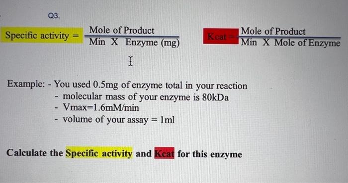Solved Specific activity = Min X Enzyme (mg) Mole of | Chegg.com