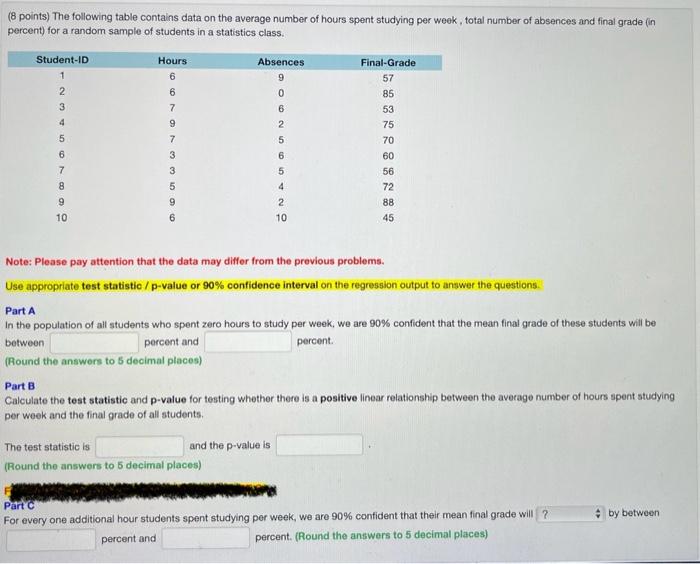 (8 points) The following table contains data on the | Chegg.com