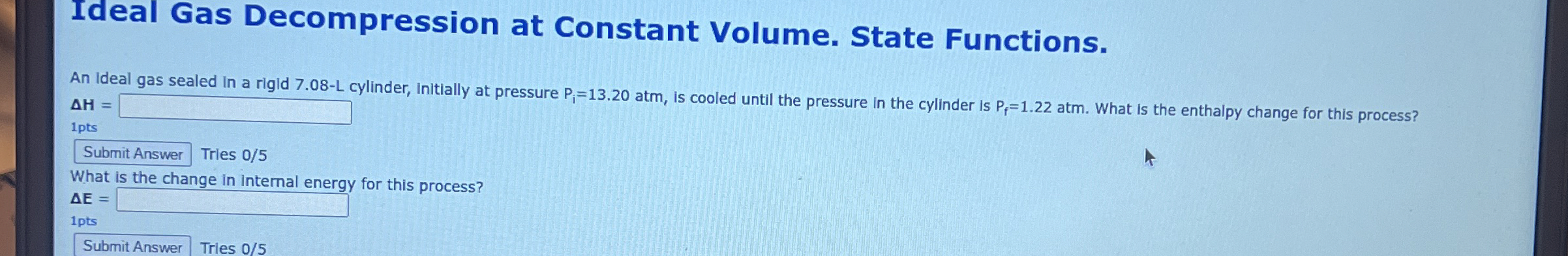 Solved Ideal Gas Decompression at Constant Volume. State | Chegg.com
