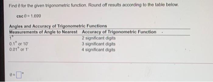 Solved Find 0 for the given trigonometric function. Round | Chegg.com