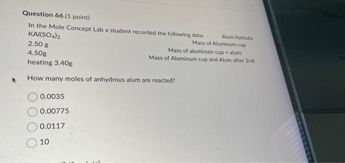 Solved Question 66 (1 point) In the Mole Concept Lab a | Chegg.com
