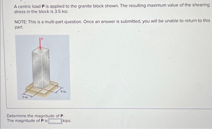 Solved A centric load P is applied to the granite block | Chegg.com