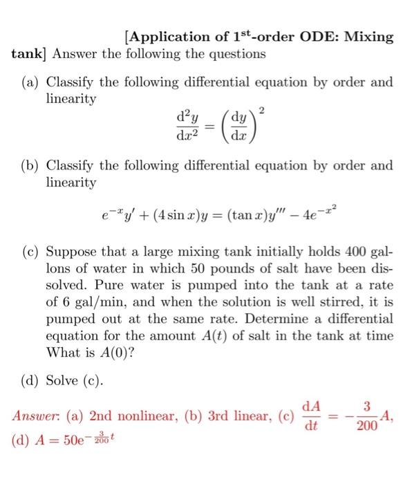 Solved [Application of 1st-order ODE: Mixing tank] Answer | Chegg.com