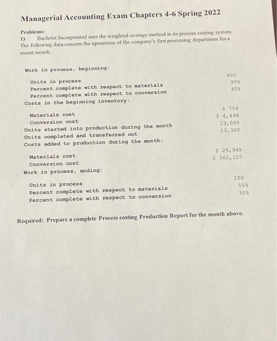 Solved Managerial Accounting Exam Chapters 4-6 Spring 2022 | Chegg.com