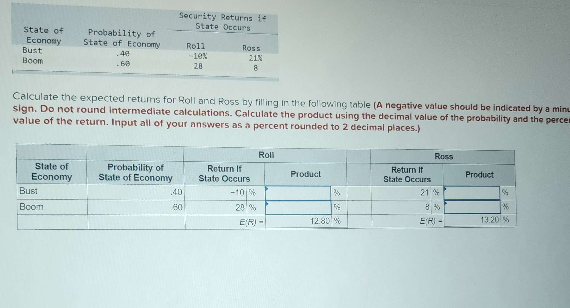 Solved \table[[,,Security Returns if,],[State of,Probability | Chegg.com