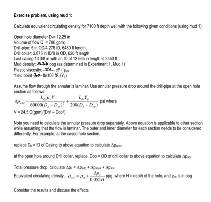 Solved Exercise problem, using mud 1: Calculate equivalent | Chegg.com
