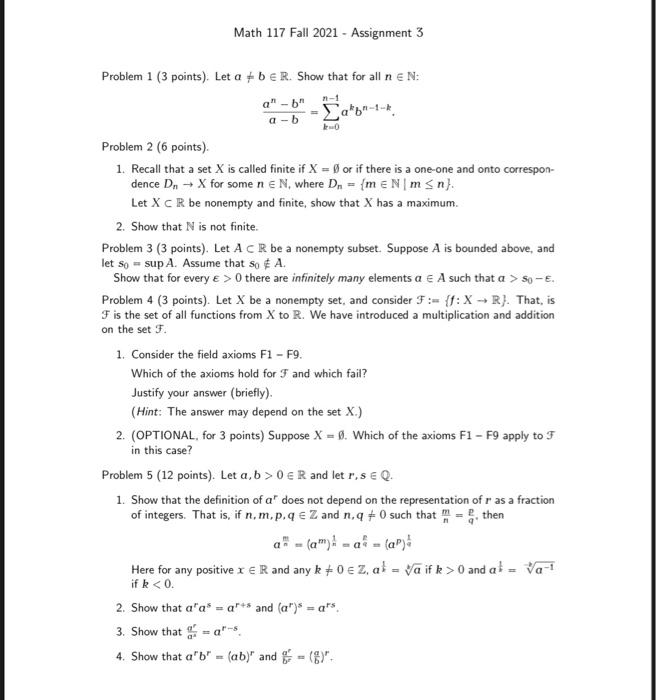 Math 117 Fall 2021 - Assignment 3 Problem 1 ( 3 | Chegg.com
