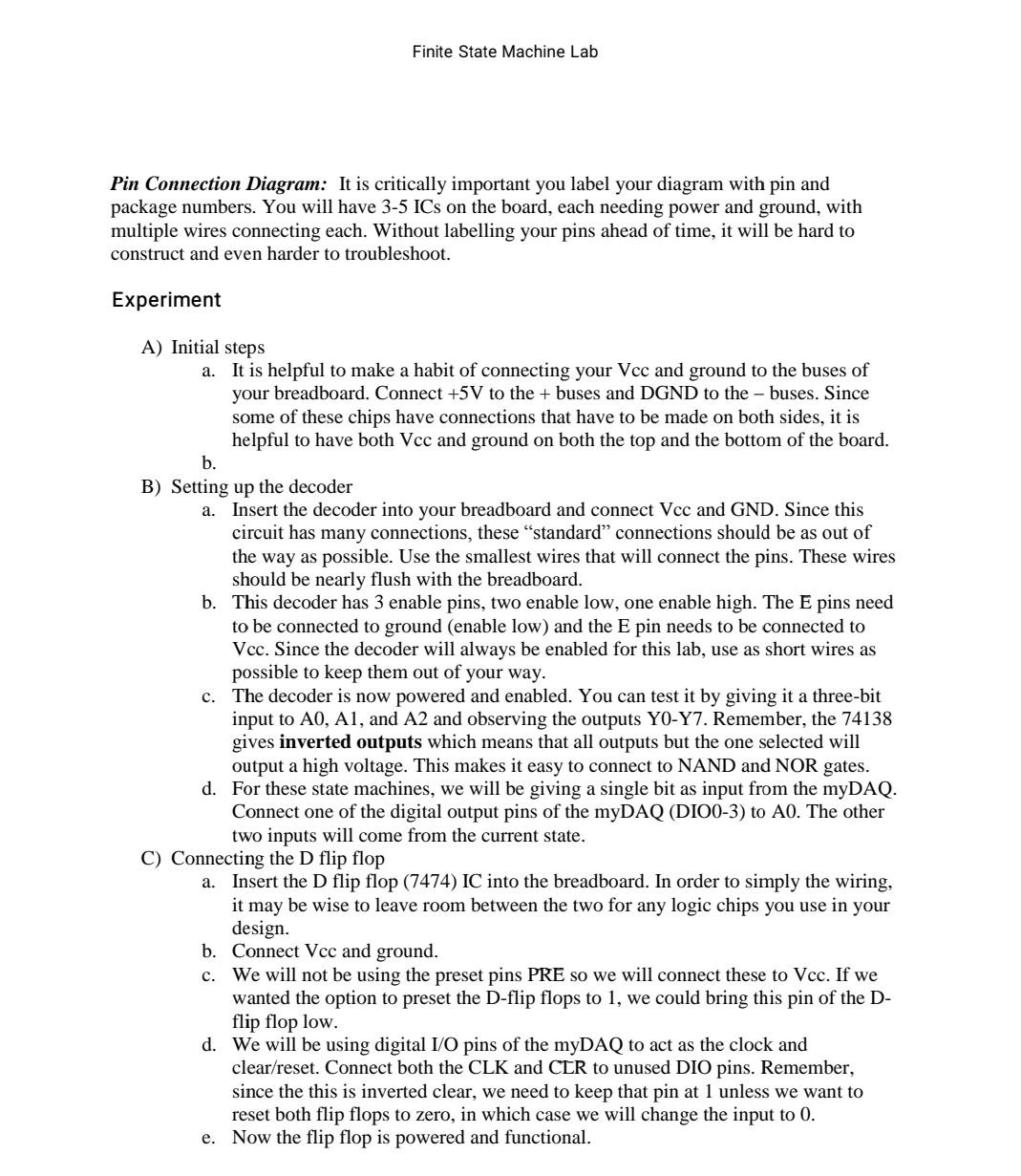 Solved Finite State Machine Lab Pin Connection Diagram: It | Chegg.com