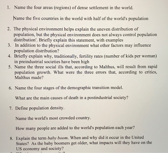 Solved 1. Name the four areas (regions) of dense settlement | Chegg.com