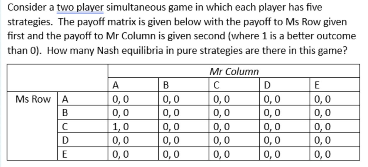 Solved Consider a two player simultaneous game in which each | Chegg.com