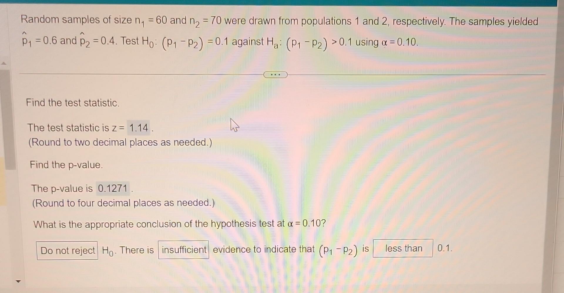 Solved Random samples of size n1=60 and n2=70 were drawn | Chegg.com