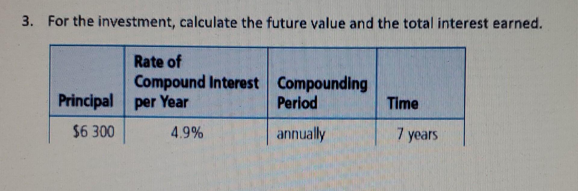 Solved 3. For the investment, calculate the future value and | Chegg.com