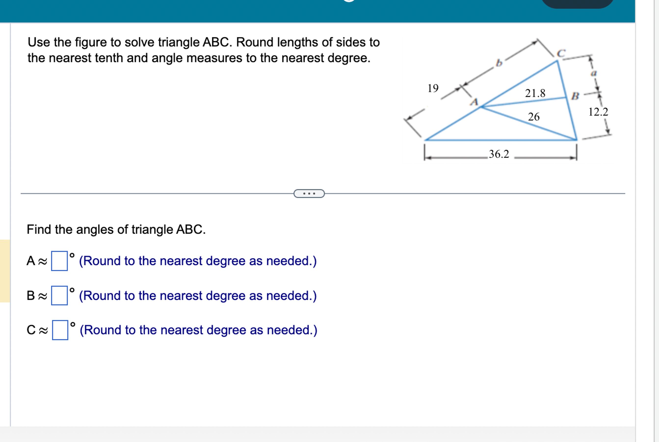 Use the figure to solve triangle ABC. Round lengths | Chegg.com