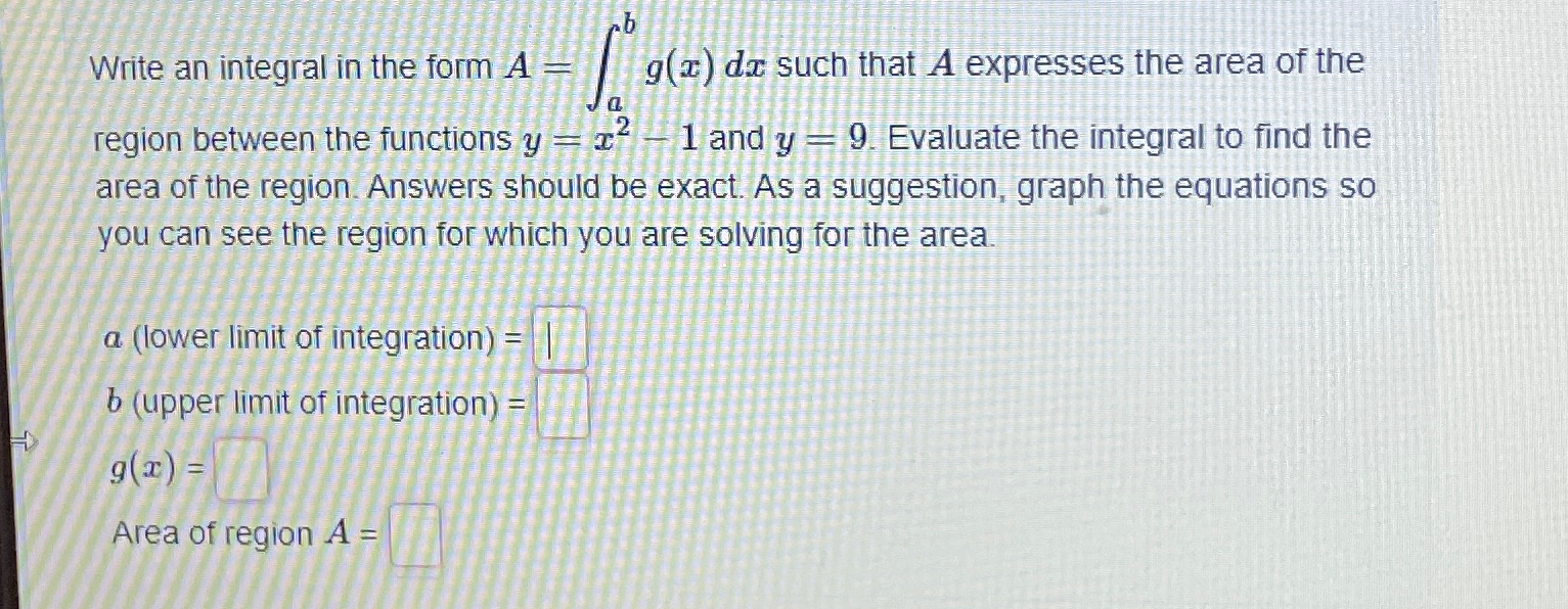 Solved Write an integral in the form A=∫abg(x)dx ﻿such that | Chegg.com