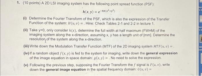 Solved Bor 1-1 er 1-1 1. (10 points) A 2D LSI imaging system | Chegg.com