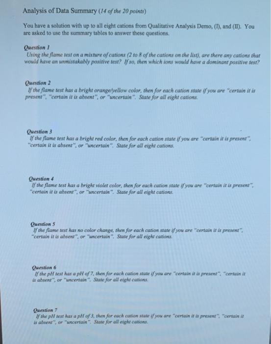 Laboratory Qual Analysis Using the given tables of | Chegg.com
