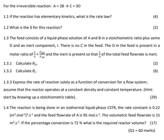 Solved For the irreversible reaction: A+2B→C+3D1.1 ﻿If the | Chegg.com