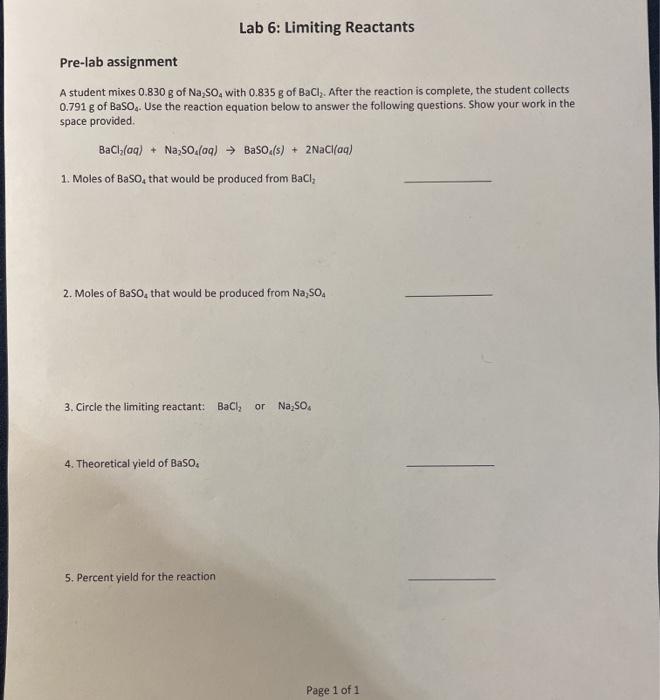 Solved Lab 6: Limiting Reactants Pre-lab assignment A | Chegg.com