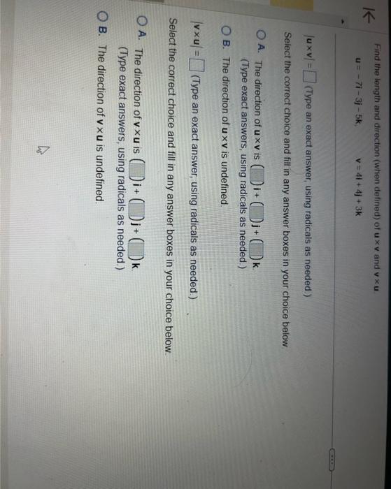 Solved Find the length and direction (when defined) of u×v | Chegg.com