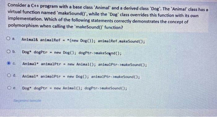 Solved Consider a C++ program with a base class 'Animal' and | Chegg.com