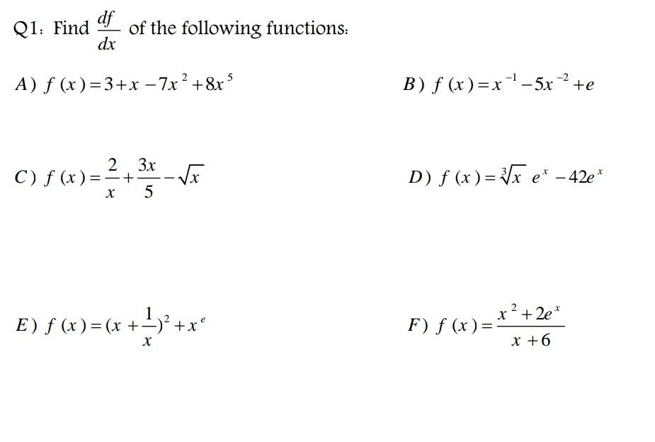 Solved Q1: Find dxdf of the following functions: A) | Chegg.com