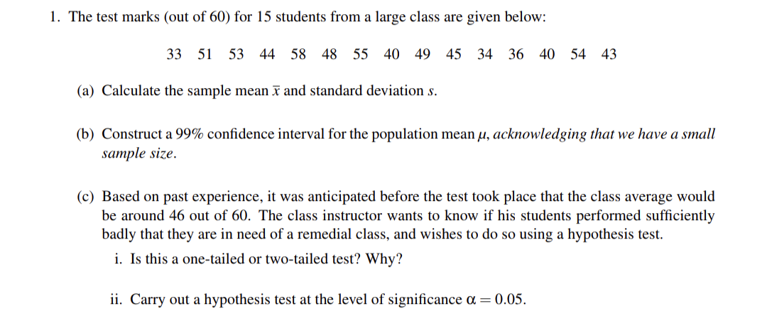 Solved 1. The test marks (out of 60 ) for 15 students from a | Chegg.com
