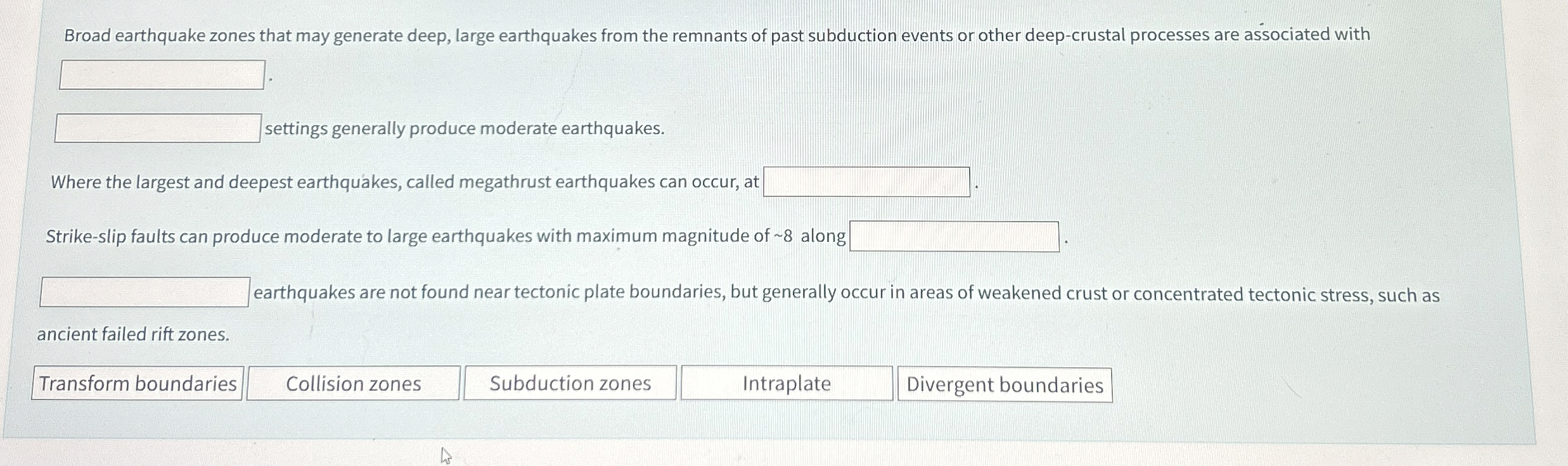 Solved Broad earthquake zones that may generate deep, large | Chegg.com