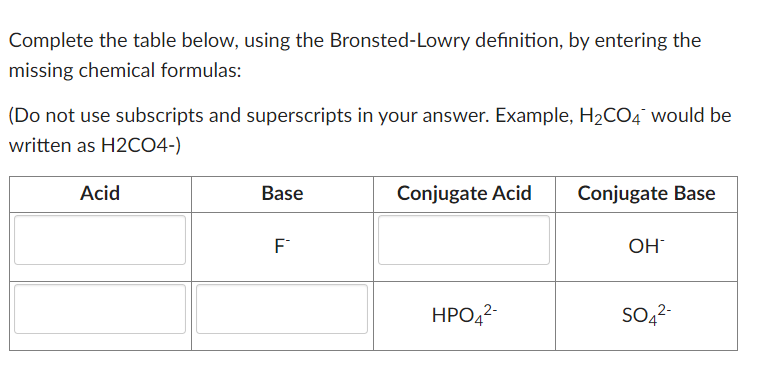 Solved Complete the table below, using the Bronsted-Lowry | Chegg.com