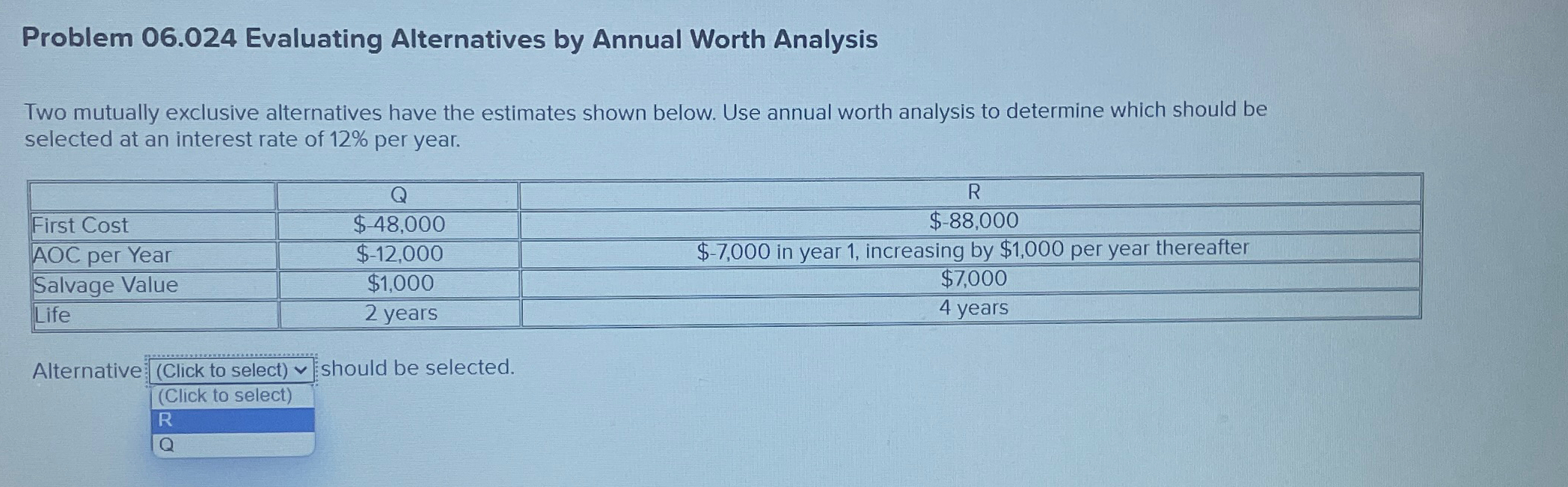 Solved Problem 06.024 ﻿Evaluating Alternatives by Annual | Chegg.com