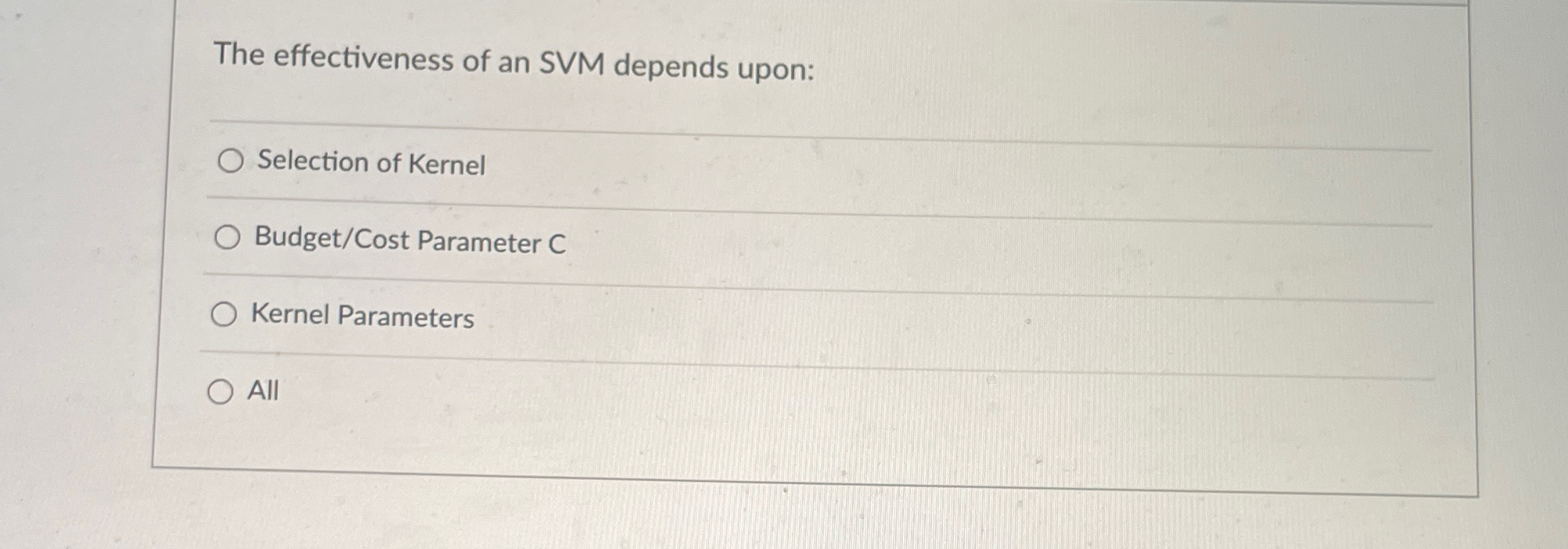 Solved The effectiveness of an SVM depends upon:Selection of | Chegg.com