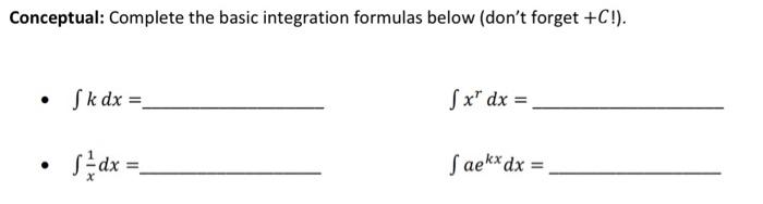 Solved Conceptual: Complete the basic integration formulas | Chegg.com