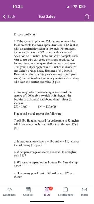 Solved Z score problems: 1. Toby grows apples and Zeke grows | Chegg.com