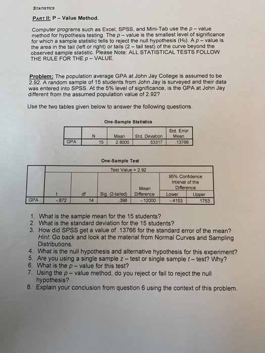 Solved STATISTICS PARTI: P-Value Method. Computer programs | Chegg.com
