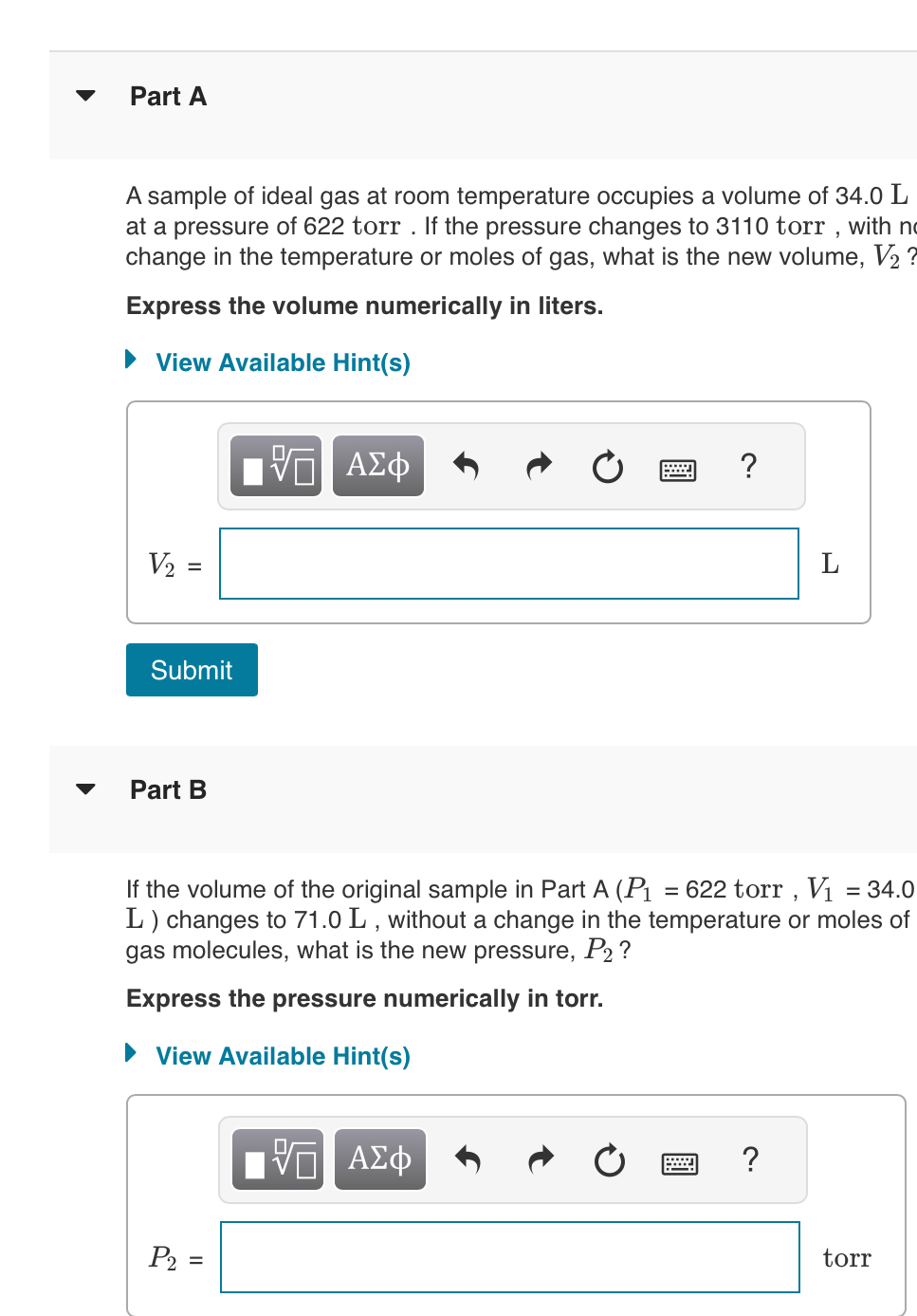 Solved UnidentifiedUnidentifiedPart AA sample of ideal gas | Chegg.com